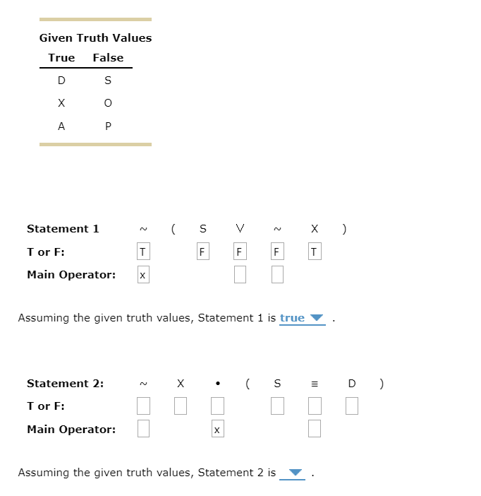 Given Truth Values True False D S х O A P Statement 1 | Chegg.com
