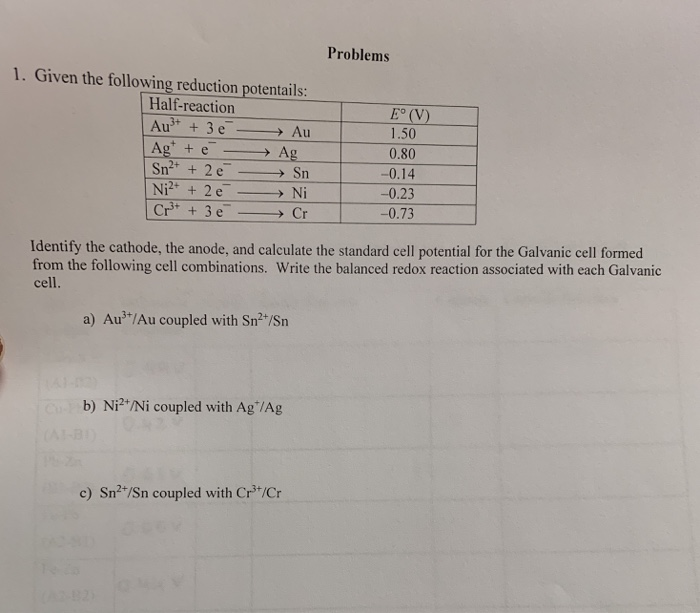 Solved Problems 1. Given the following reduction potentails: | Chegg.com