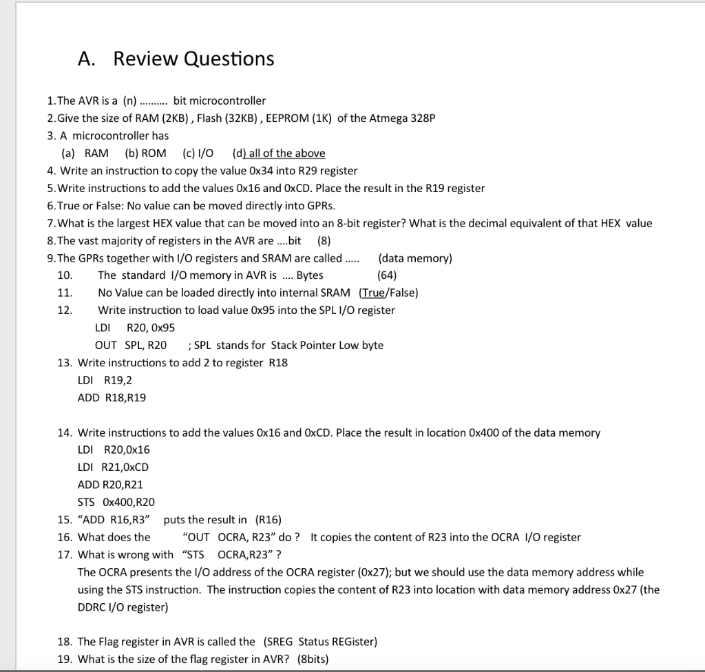 Solved 1. The AVR is a (n) .......... bit microcontroller 2. | Chegg.com