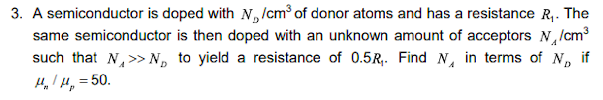 Solved 3. A semiconductor is doped with n,/cm of donor atoms | Chegg.com
