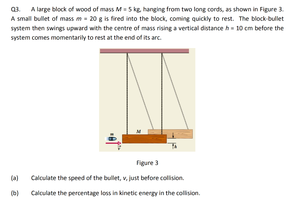 Solved Q3. A large block of wood of mass M = 5 kg, hanging | Chegg.com