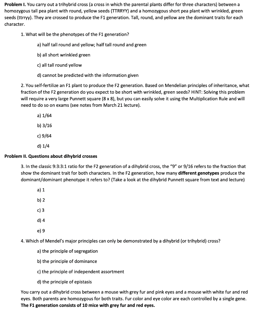 Solved Problem I. You carry out a trihybrid cross (a cross | Chegg.com