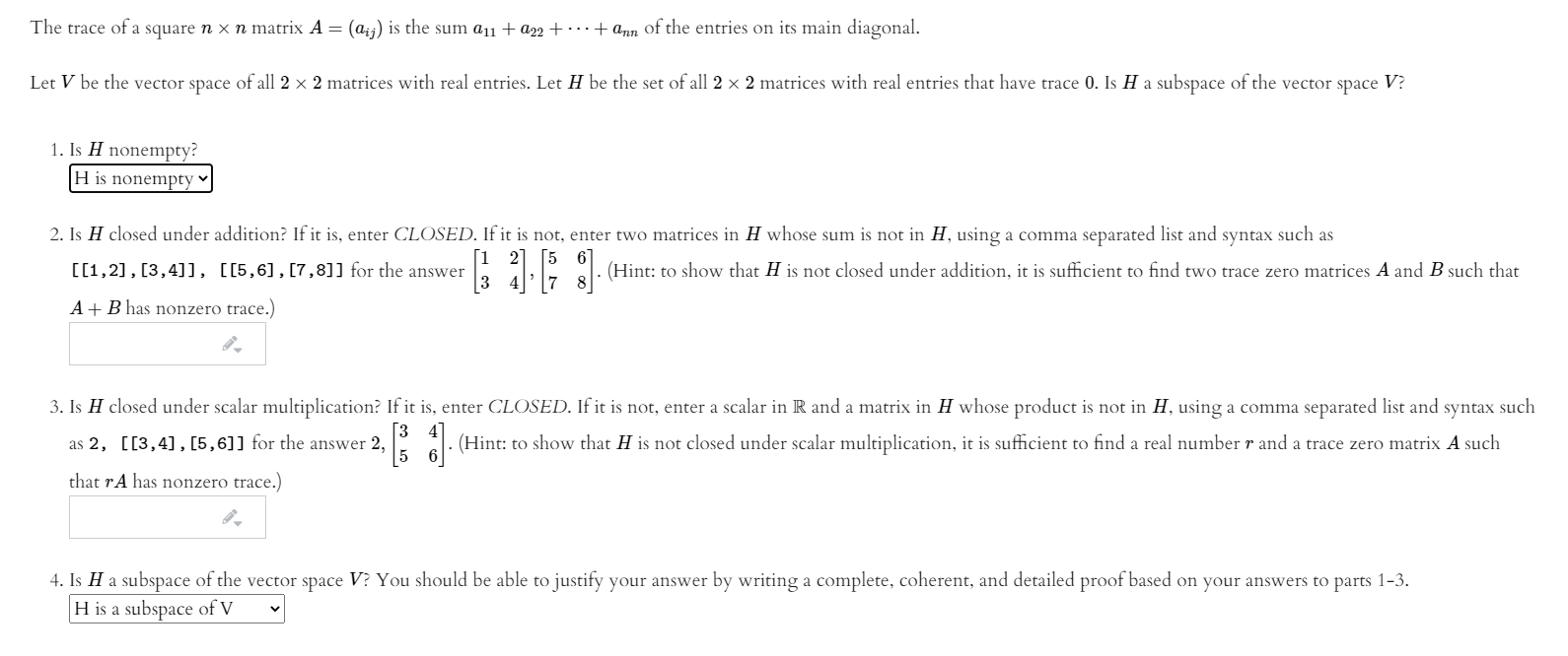 Solved The trace of a square n x n matrix A=(Qij) is the sum | Chegg.com