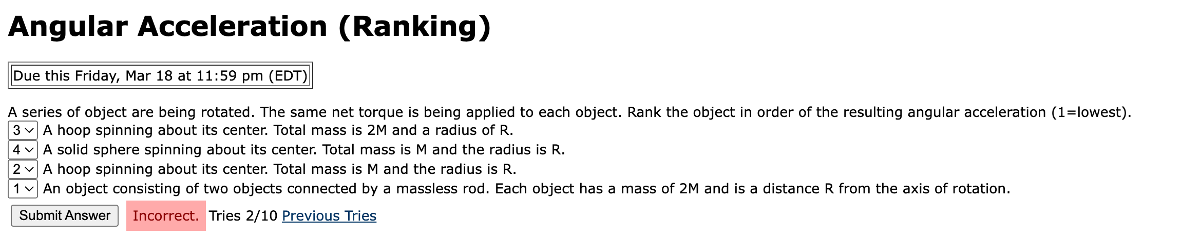 Solved Angular Acceleration (Ranking) Due this Friday, Mar | Chegg.com