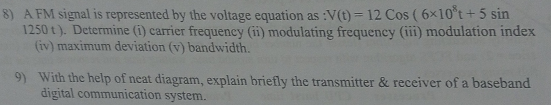 Solved A FM signal is represented by the voltage equation | Chegg.com