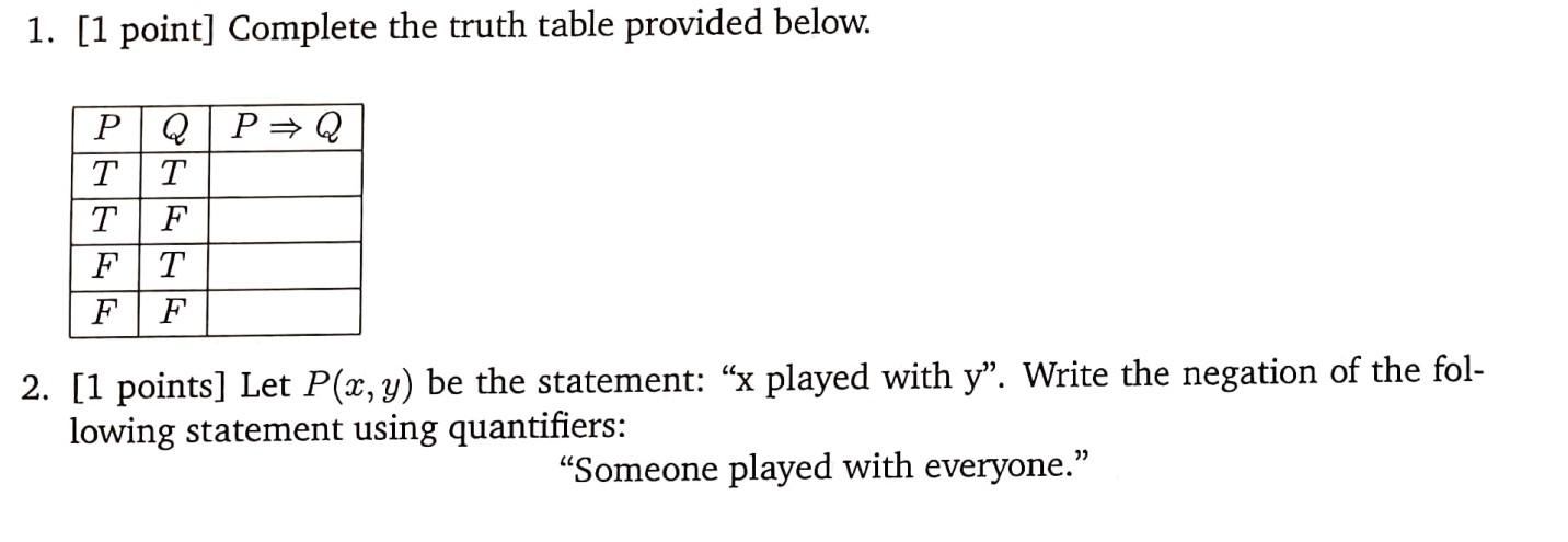 Solved 1. [1 point] Complete the truth table provided below. | Chegg.com