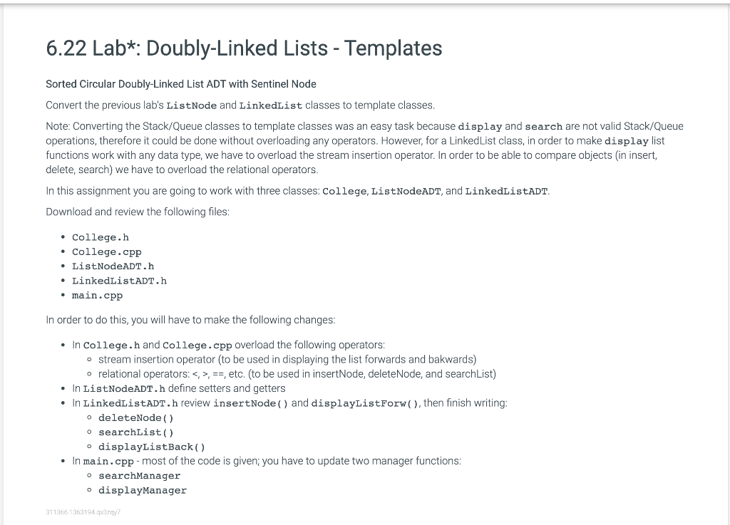 Solved 6.22 Lab*: Doubly-Linked Lists - Templates Sorted | Chegg.com