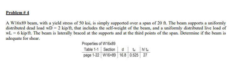 Solved A W16x89 beam, with a yield stress of 50ksi, is | Chegg.com
