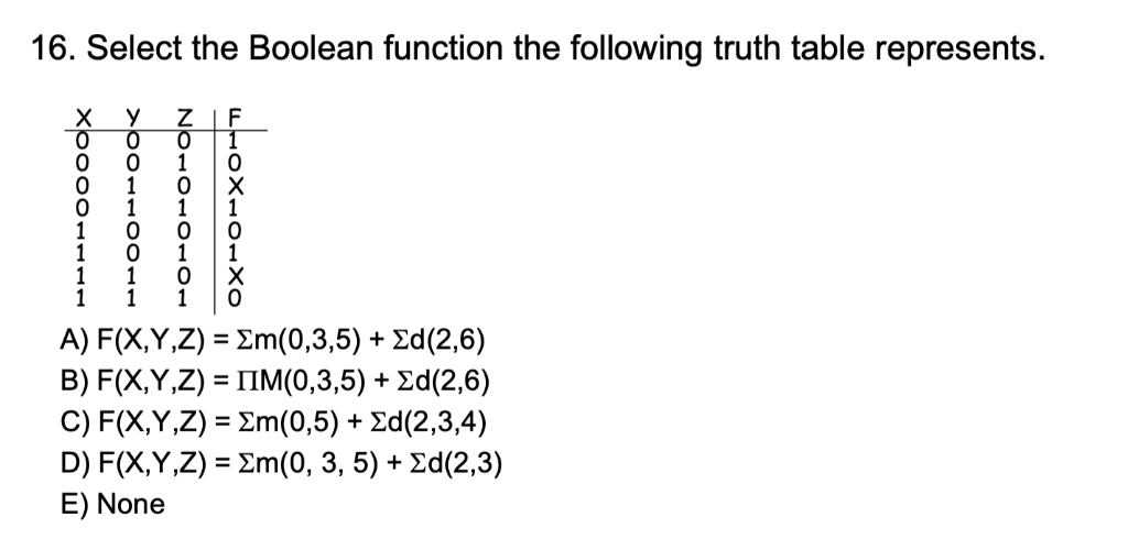 Solved 16. Select the Boolean function the following truth | Chegg.com