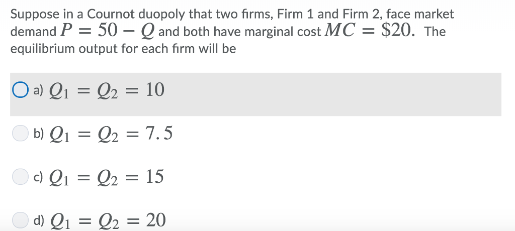 Solved Suppose in a Cournot duopoly that two firms, Firm 1 | Chegg.com