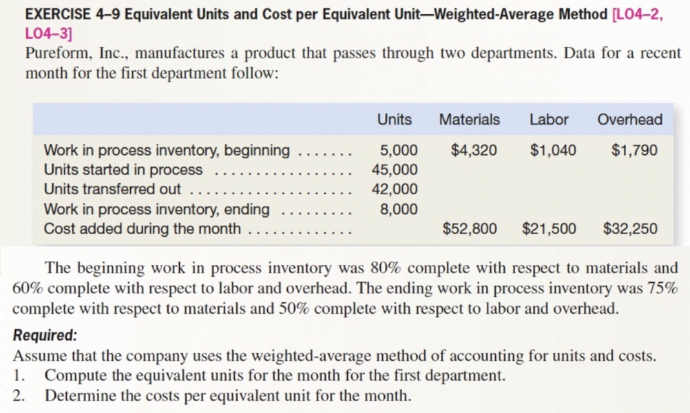 EXERCISE 4-9 ﻿Equivalent Units and Cost per | Chegg.com