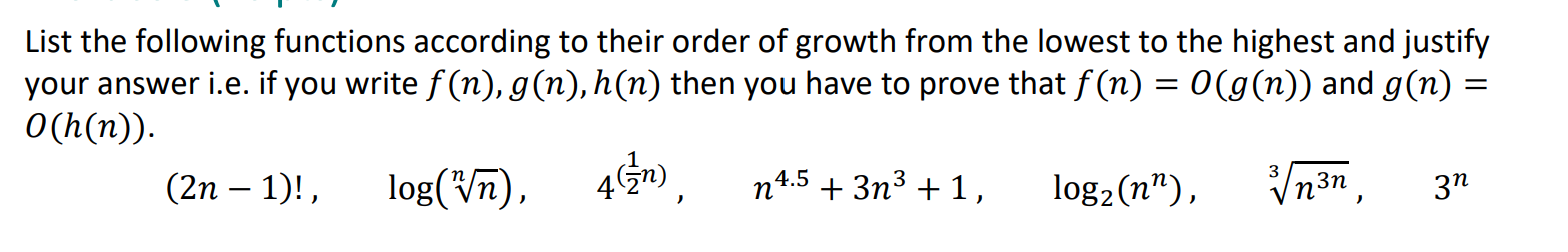 List the following functions according to their order | Chegg.com