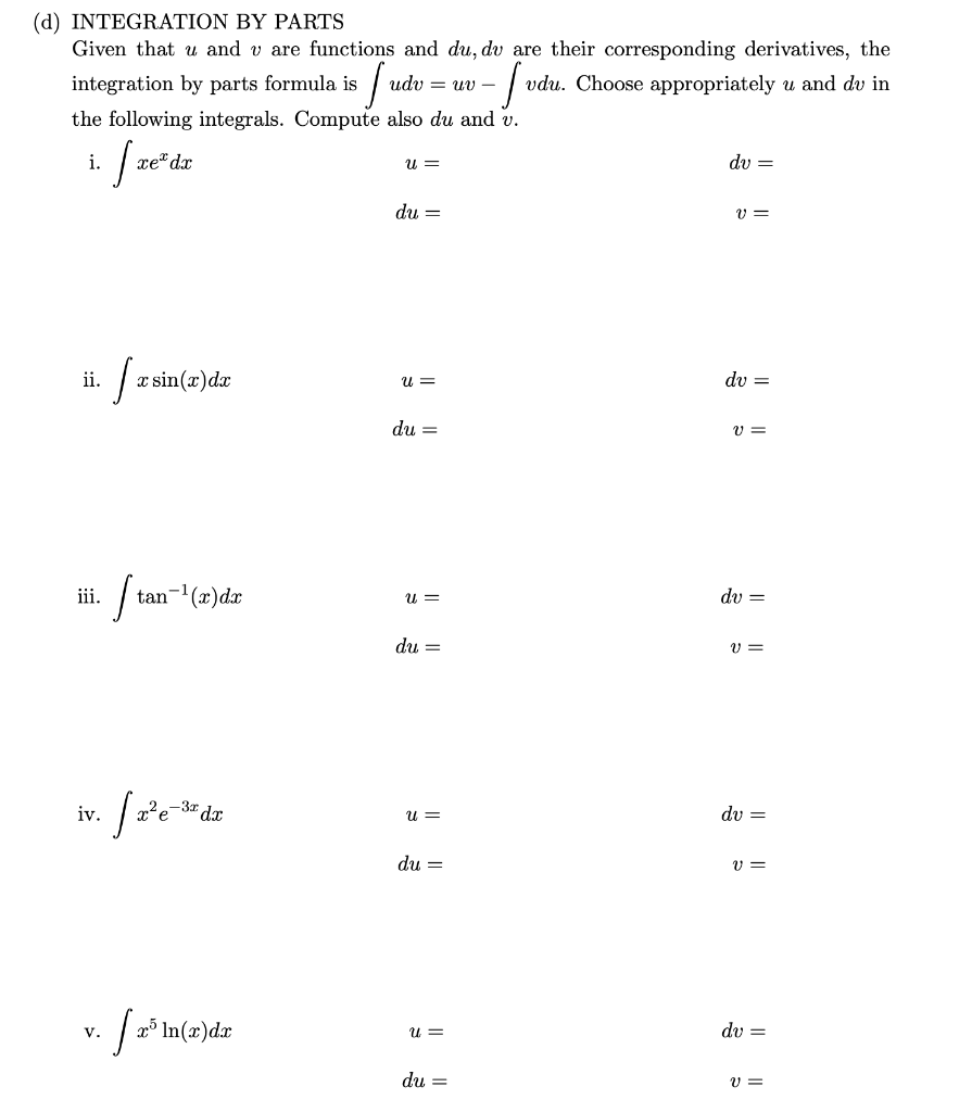 Solved (d) INTEGRATION BY PARTS Given that u and v are | Chegg.com