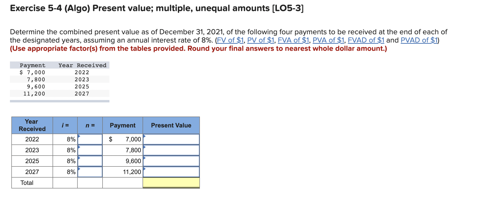 Solved Exercise 5-4 (Algo) Present value; multiple, unequal | Chegg.com