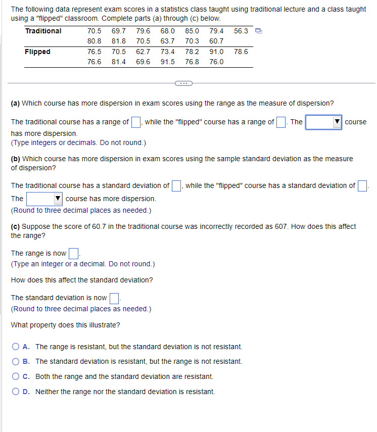 Solved The following data represent exam scores in a | Chegg.com