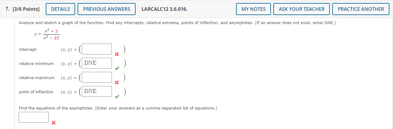 Solved 7. [3/6 Points] DETAILS intercept relative minimum | Chegg.com