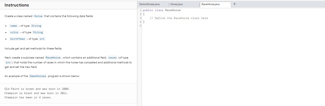 Solved Create a class named Horse that contains the | Chegg.com