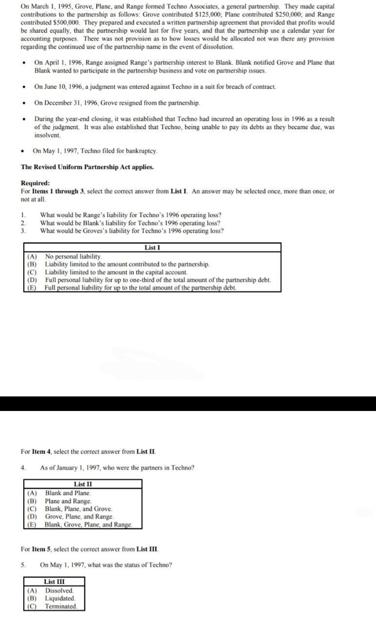 Solved On March 1 1995 Grove Plane And Range Formed Chegg