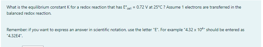Solved What is the equilibrium constant K for a redox | Chegg.com