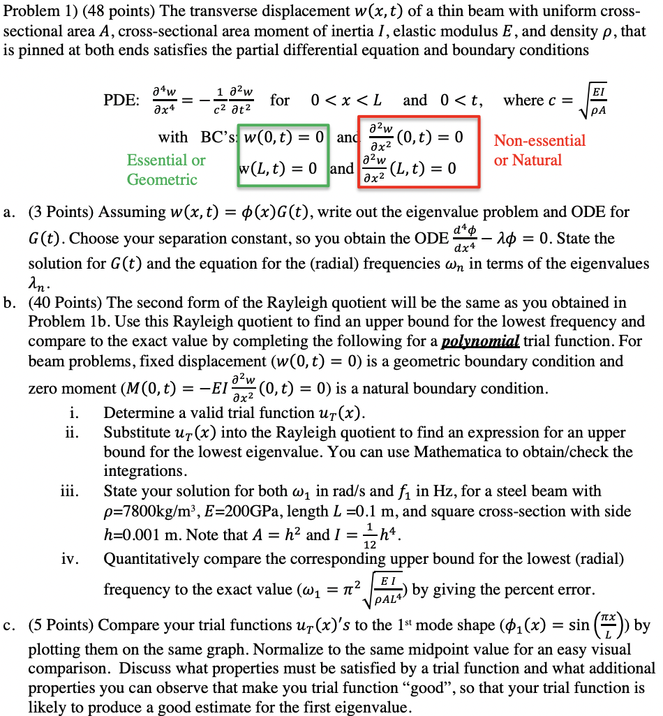 Solved Problem 1) (48 points) The transverse displacement | Chegg.com