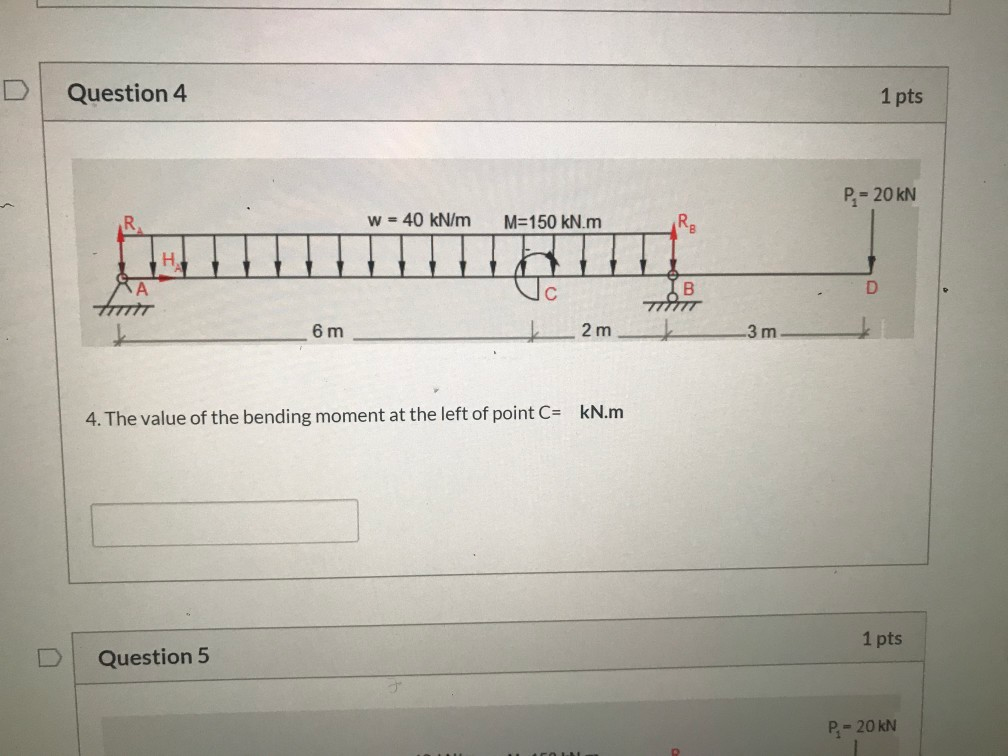 Solved Question 1 1 pts P.- 20 KN w = 40 kN/m M=150 kN.m Vc | Chegg.com
