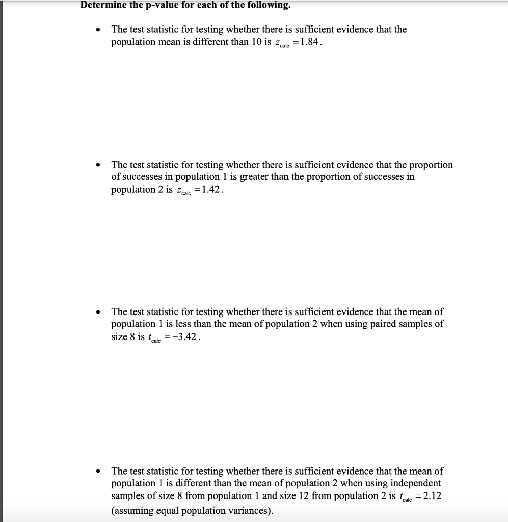 Solved Determine the p-value for each of the following. The | Chegg.com