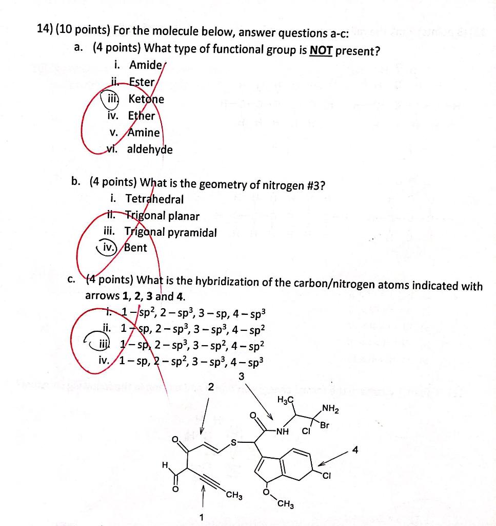 Solved 14) (10 points) For the molecule below, answer | Chegg.com