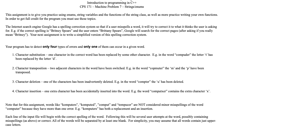 Solved Introduction to programming in C++ CPS 171 - Machine | Chegg.com
