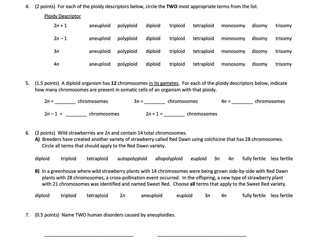 Solved 4. (2 points) For each of the ploidy descriptors | Chegg.com