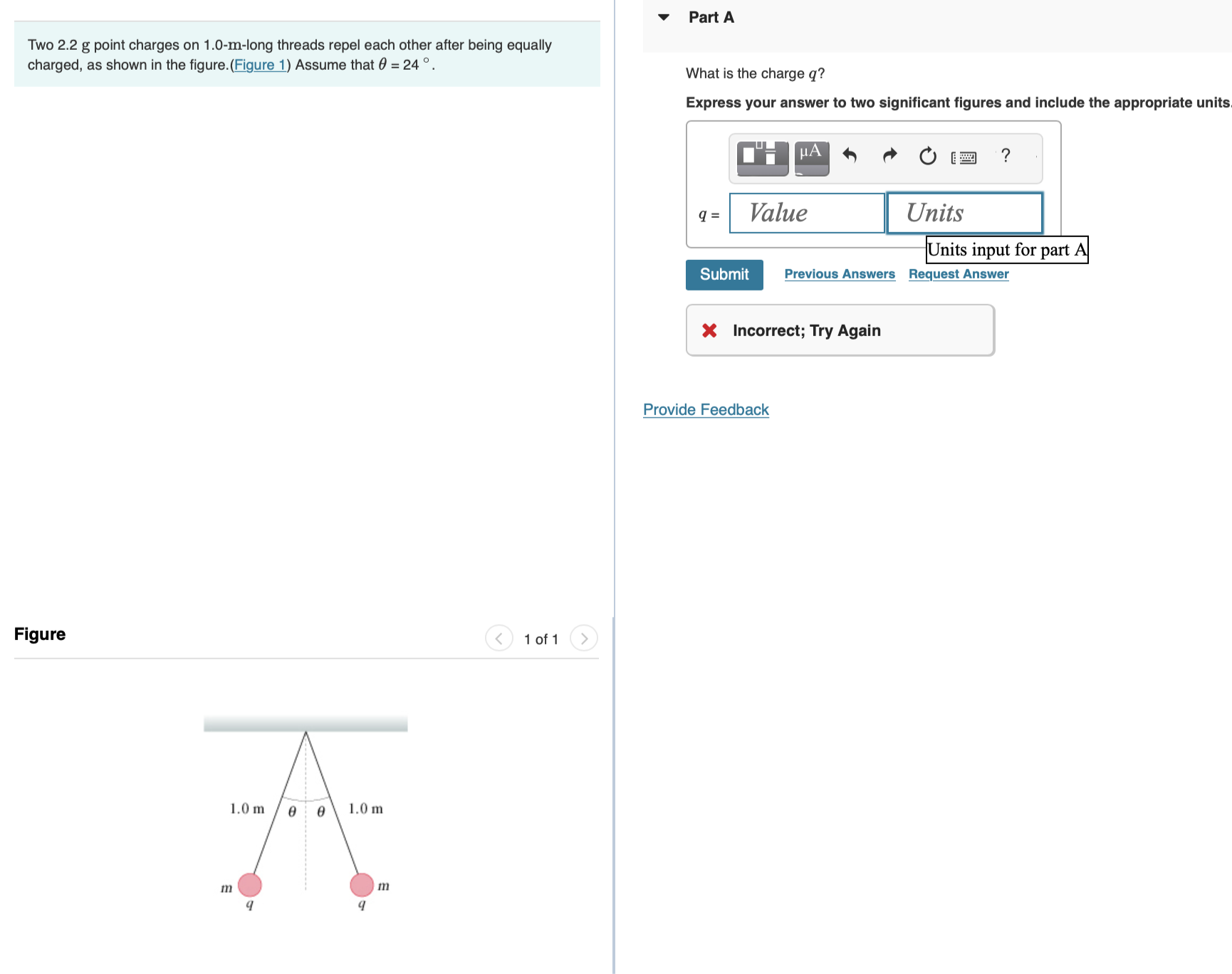 Solved Two 2.2g ﻿point charges on 1.0-m-long threads repel | Chegg.com