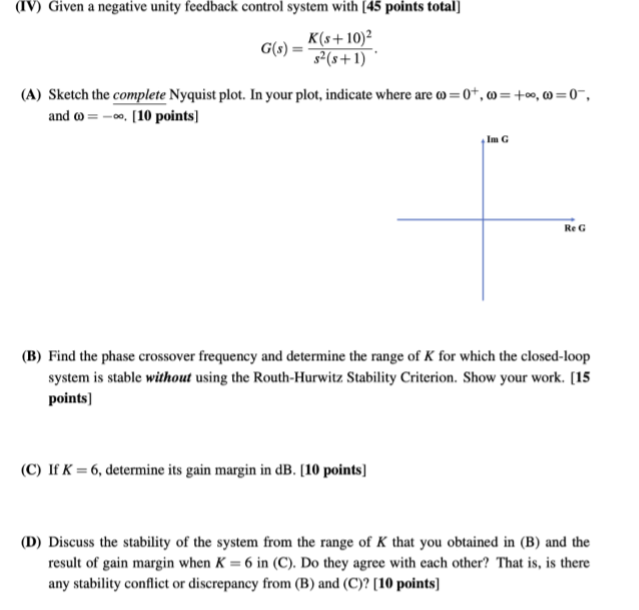 Solved (IV) Given a negative unity feedback control system | Chegg.com