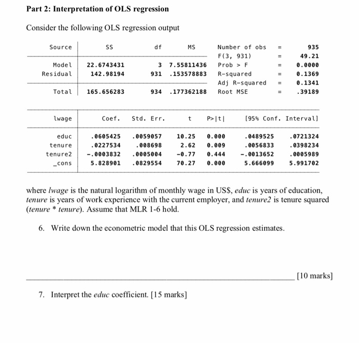 Solved Part 2: Interpretation of OLS regression Consider the | Chegg.com