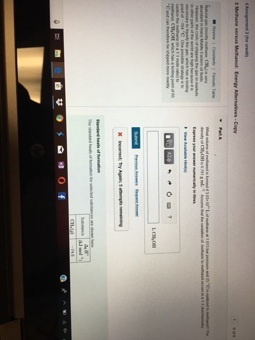 Solved t Methane versus Methanol: Energy Alternatives-Copy 9 | Chegg.com
