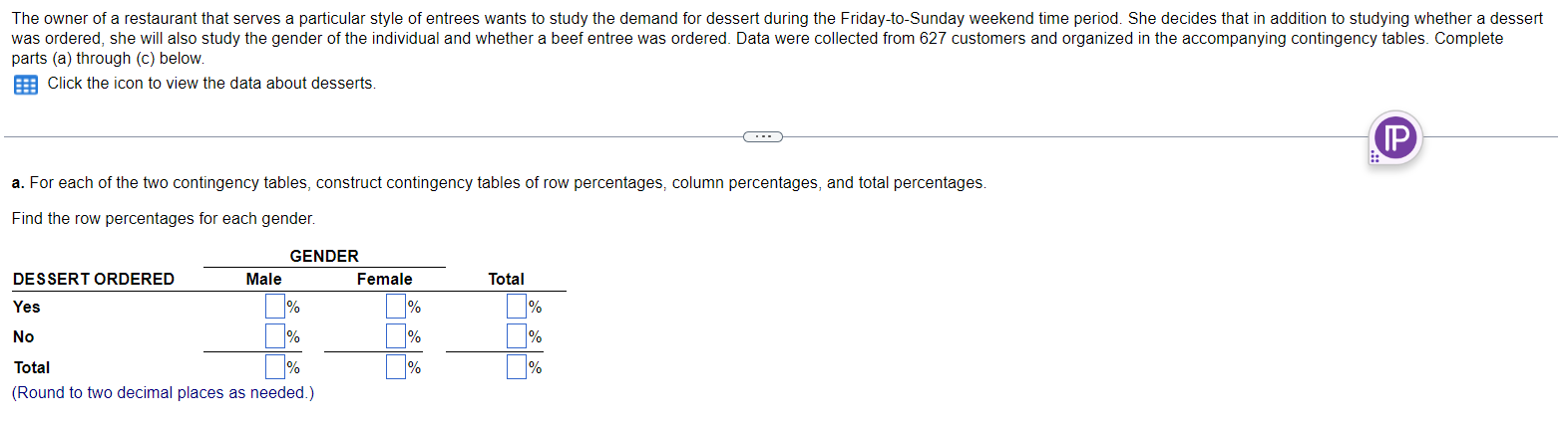 Solved Dessert Data parts (a) through (c) below. Click | Chegg.com
