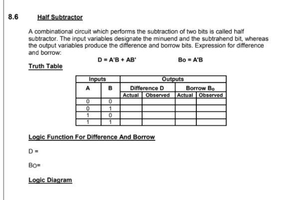 Solved 8.6 Half Subtractor A combinational circuit which | Chegg.com