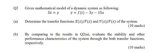 Solved Given mathematical model of a dynamic system as | Chegg.com