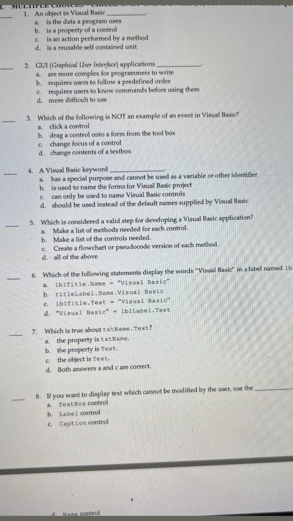 Solved 1 An Object In Visual Basic A Is The Data A Program 3858