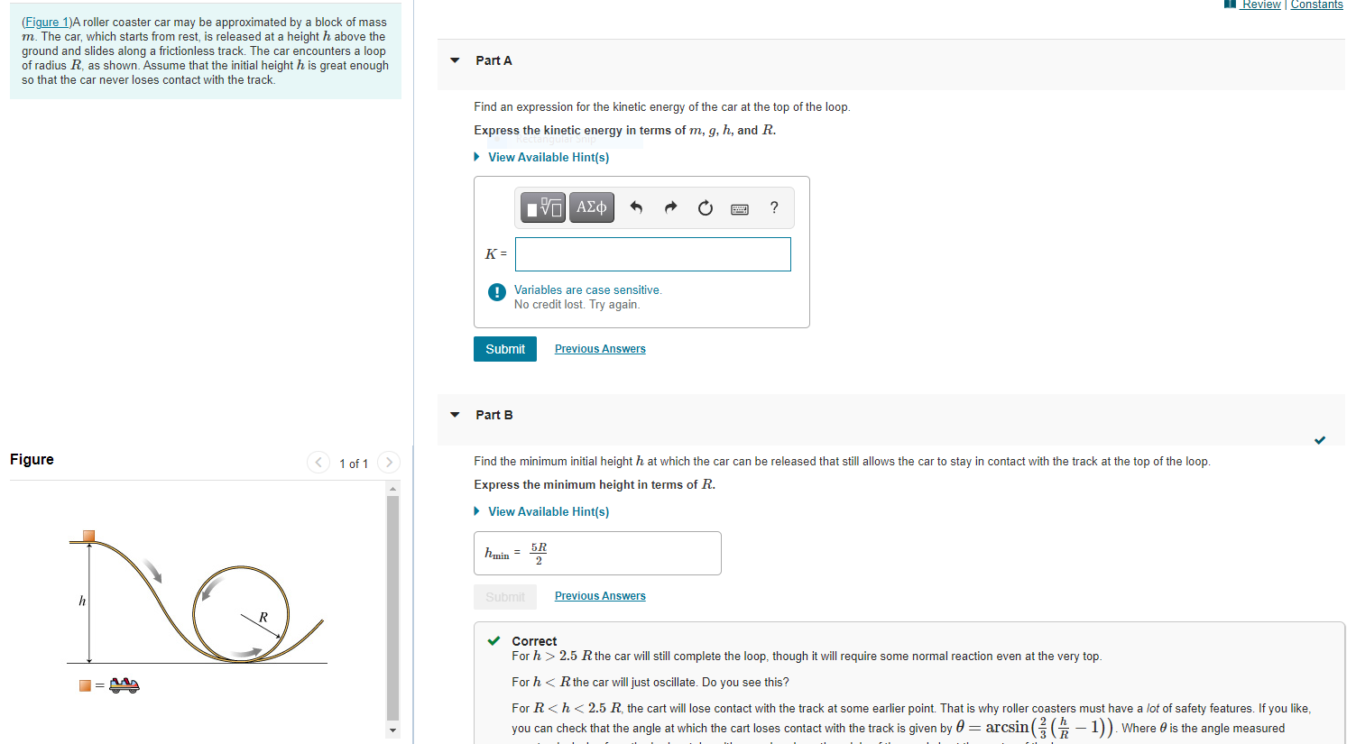 Solved Review Constants (Figure 1)A roller coaster car may | Chegg.com