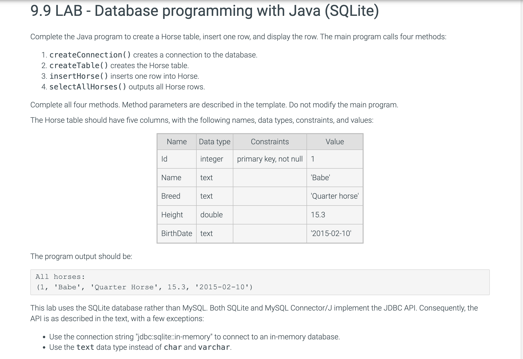 Solved Complete the Java program to create a Horse table, | Chegg.com