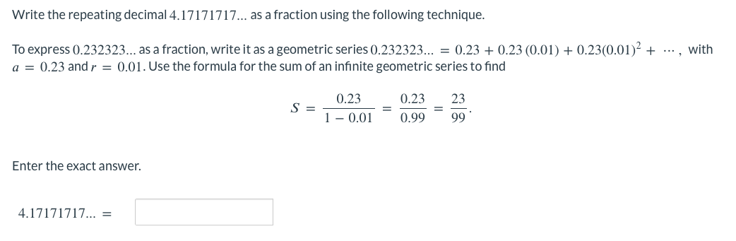 Solved Write the repeating decimal 4.17171717… as a fraction | Chegg.com