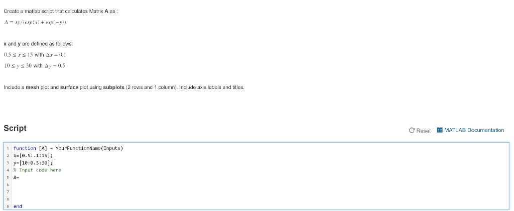 Solved Create A Matlab Script That Calculates Matrix A As 1