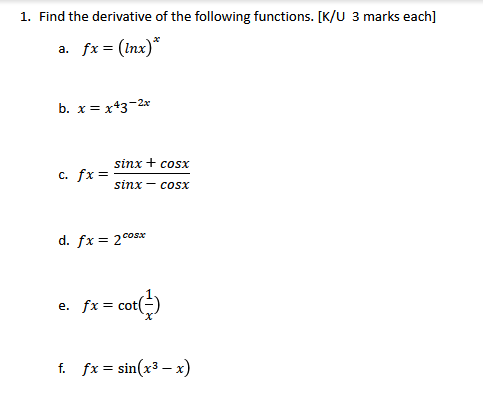 Solved 1. Find the derivative of the following functions. | Chegg.com