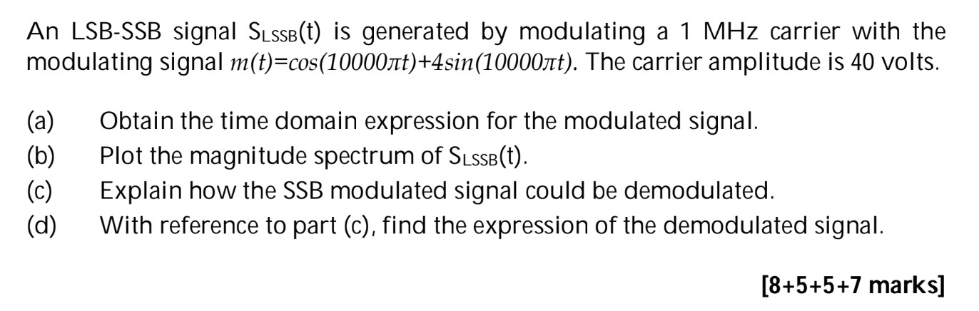 Solved An LSB-SSB signal SLSSB(t) is generated by modulating | Chegg.com