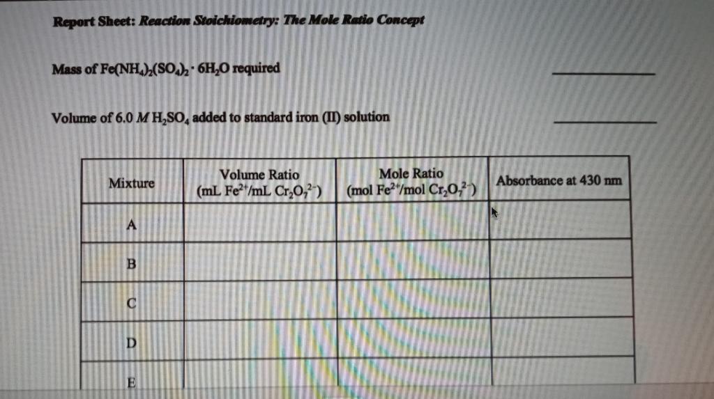 Report sheet reaction stoichiometry the mole ratio | Chegg.com