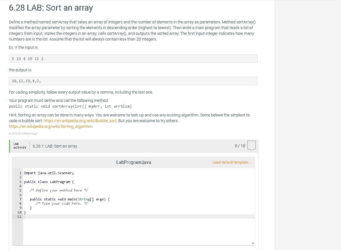 Solved Define a method named sortArray that takes an array | Chegg.com