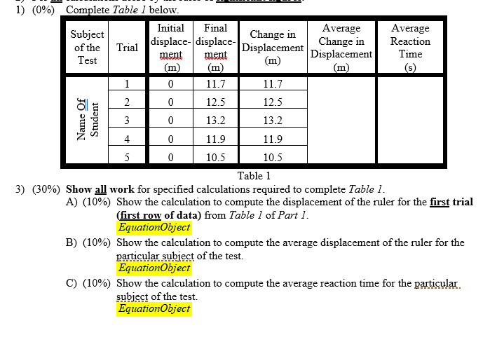 1) (0%) Complete Table 1 below. Initial Final Average | Chegg.com