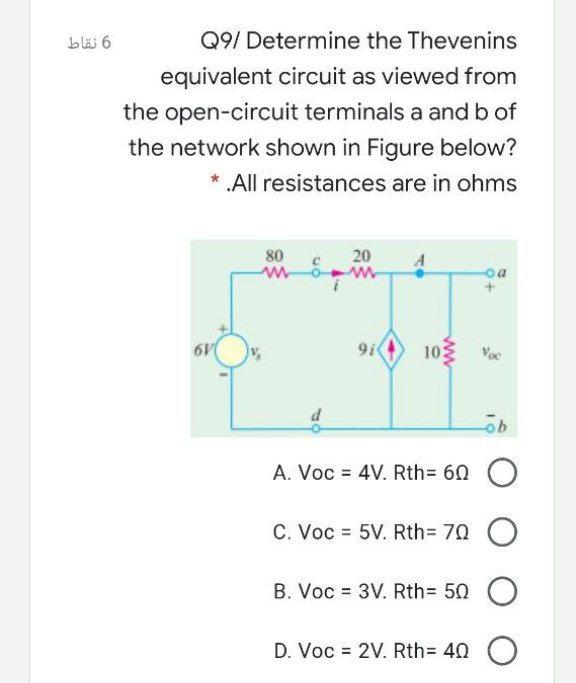 Solved 6 نقاط Q9/ Determine the Thevenins equivalent circuit | Chegg.com