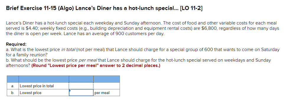 Solved Brief Exercise 11-15 (Algo) Lance's Diner has a | Chegg.com