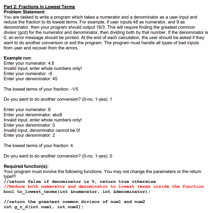 Solved Part 2: Fractions in Lowest Terms Problem Statement: | Chegg.com