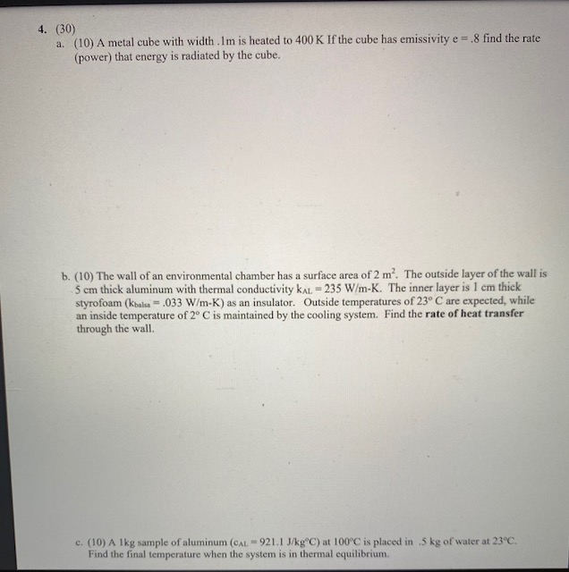 Solved 4. (30) a. (10) A metal cube with width .1 m is | Chegg.com